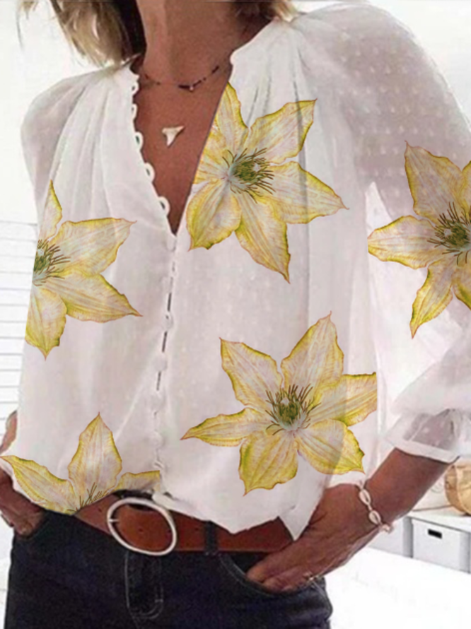 Große Größen Chiffon Langarm V Ausschnitt Geblümt Shirts And Blusen