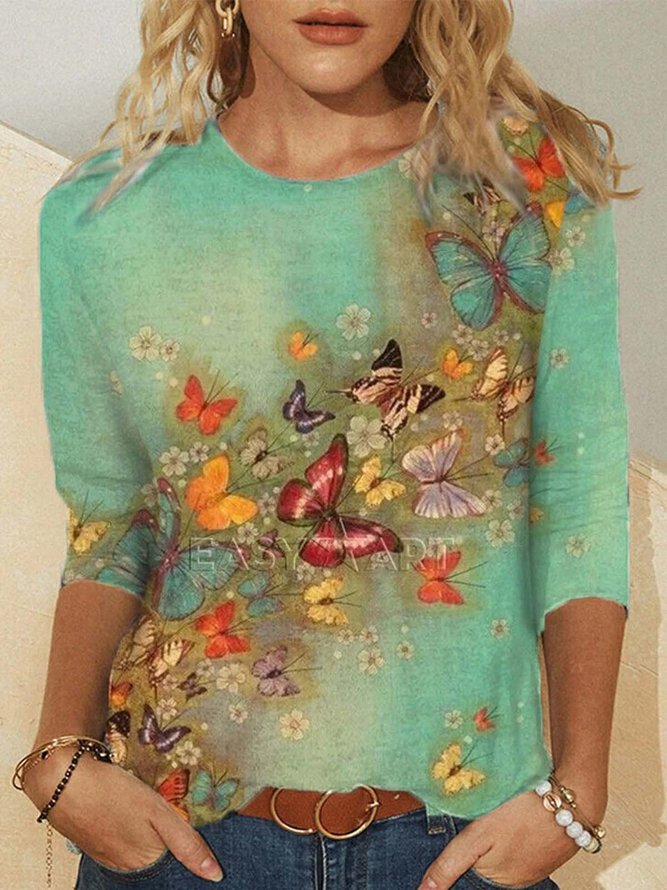 Rundhals Langarm Schmetterling Print Blusen And Shirts Modetalente