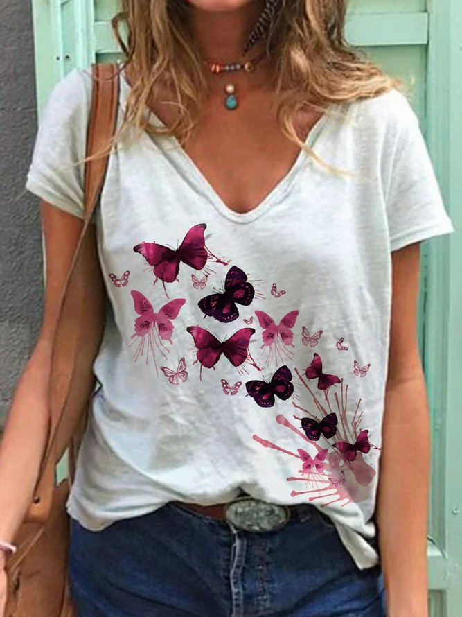 Schmetterling Print Lässig Große Größen T Shirt Normal Retro V