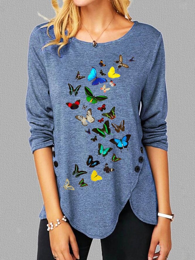 Blau Schmetterling Print Rundhals Normal Lässig Langarm Shirts And Blusen